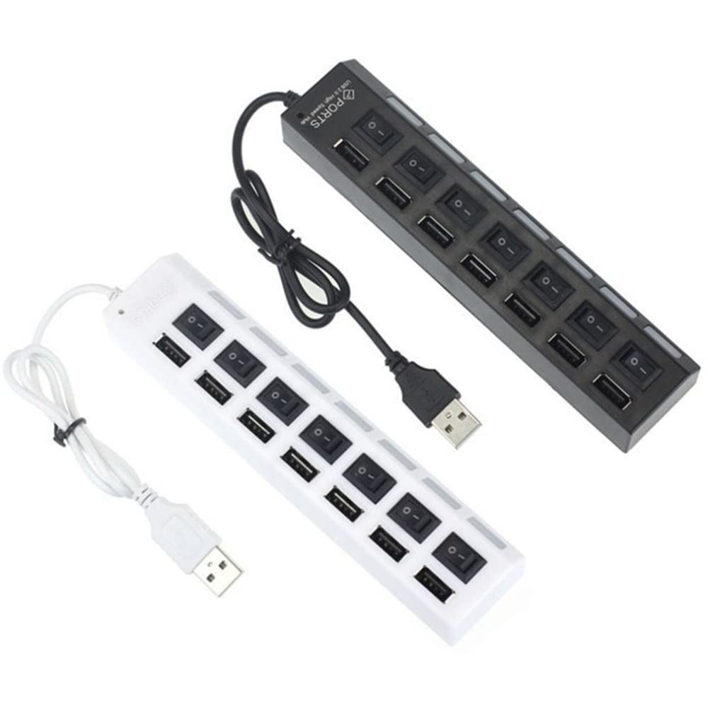 Cotchear Multi 7 Port USB Hub USB 2.0 Adapter Hub with Individual On/Off Switch and LED (White)