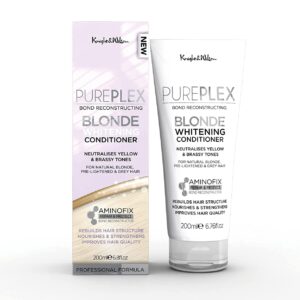 pureplex bond reconstructing blonde conditioner. neutralizes brassy & yellow tones in all blonde, lightened and grey hair whilst repairing and leaving hair a clean, crisp white blonde.