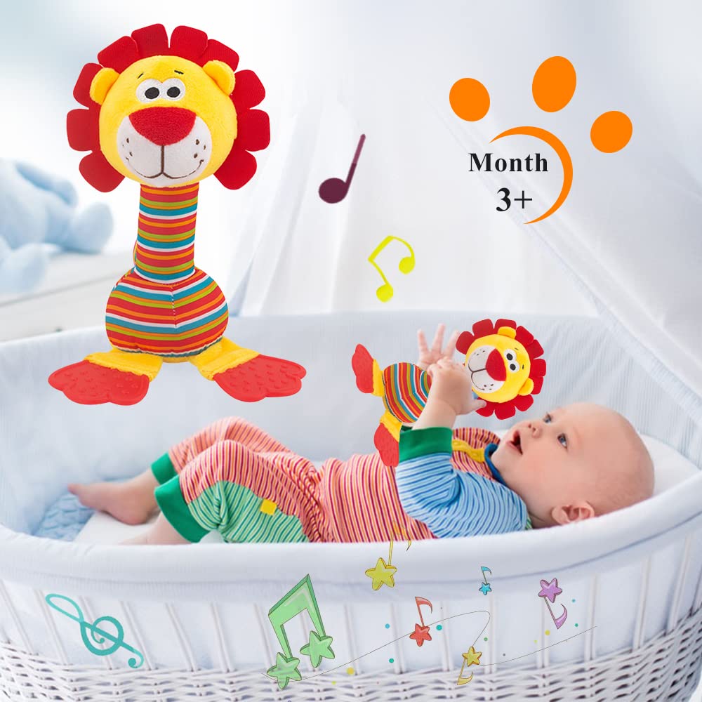 Toys for 0 3 6 9 to 12 Months, Baby Teething Rattle Toys,Baby Soft Rattles Shaker, Infant Developmental Hand Grip Cartoon Stuffed Animal Baby Soft Plush Hand Rattle Squeaker Sticks for Toddlers