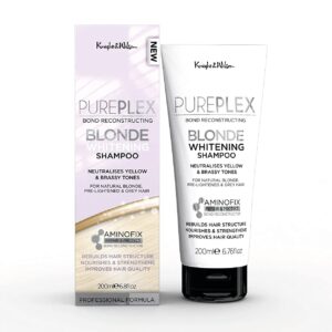 knight & wilson pureplex bond reconstructing blonde shampoo. neutralizes brassy & yellow tones in all blonde, lightened and grey hair whilst repairing and leaving crisp white blonde.