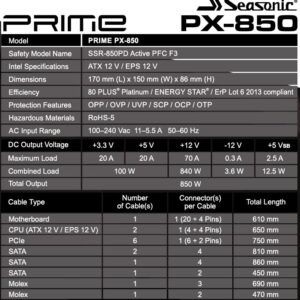 Seasonic Prime PX-850, 850W 80+ Platinum, Full Modular, Fan Control in Fanless, Silent, and Cooling Mode, 12 Year Warranty, Perfect Power Supply for Gaming and High-Performance Systems, SSR-850PD.