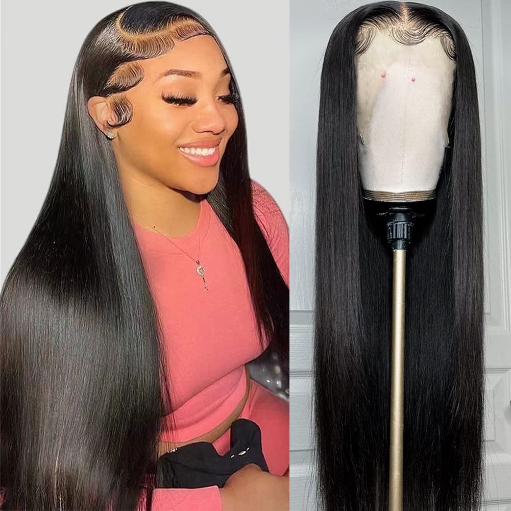 Iris Queen 13x4 HD Straight Lace Front Wigs Human Hair Pre Plucked 12A 180 Density Transparent Lace Frontal Human Hair Wigs for Black Women with Baby Hair Natural Black Color (20 inch)