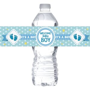 monmon & craft welcome baby boy water bottle stickers/gender reveal bottle wrappers/it's a boy water labels supplies/baby shower decorations blue (set of 32)