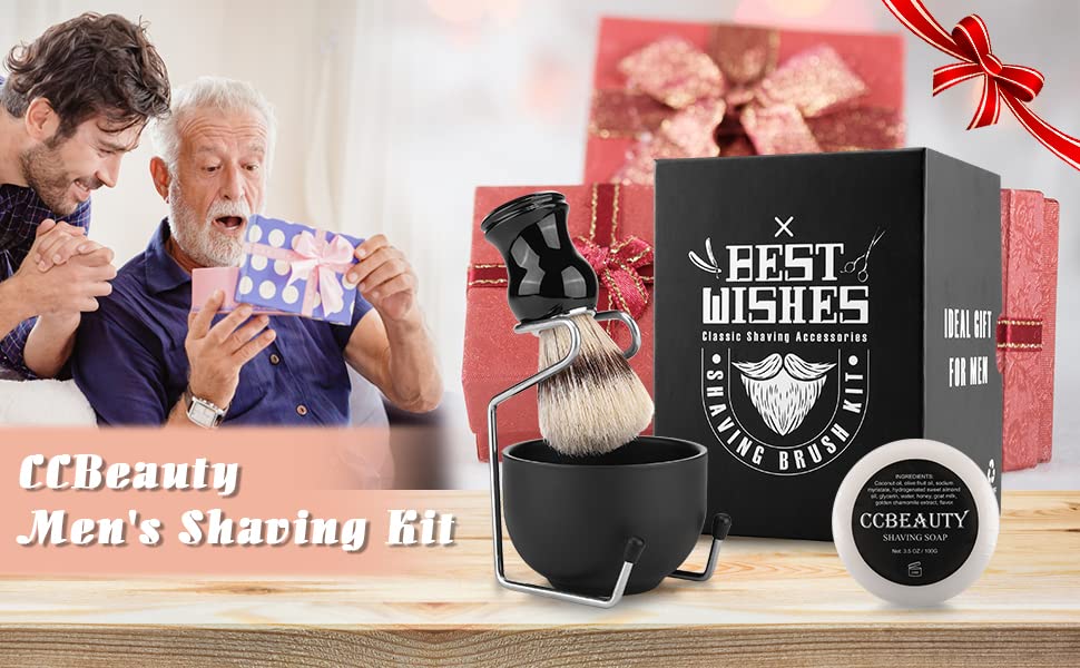 CCbeauty Mens Shaving Brush and Bowl Set, 4 in 1 Bristle Shave Brushes Kit with Stainless Steel Shaving Bowl & Soap Mug, Safety Razor Stand, Birthday Dad Gifts Set for Men, White Soap 3.5Oz