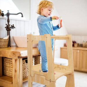 QLFJ-FurDec Kids Kitchen Step Stool with Safety Rail, 2 in 1 Convertible Wooden Toddler Learning Stool Helper Standing Tower for Kitchen Counter, Bathroom, Toilet(Natural)