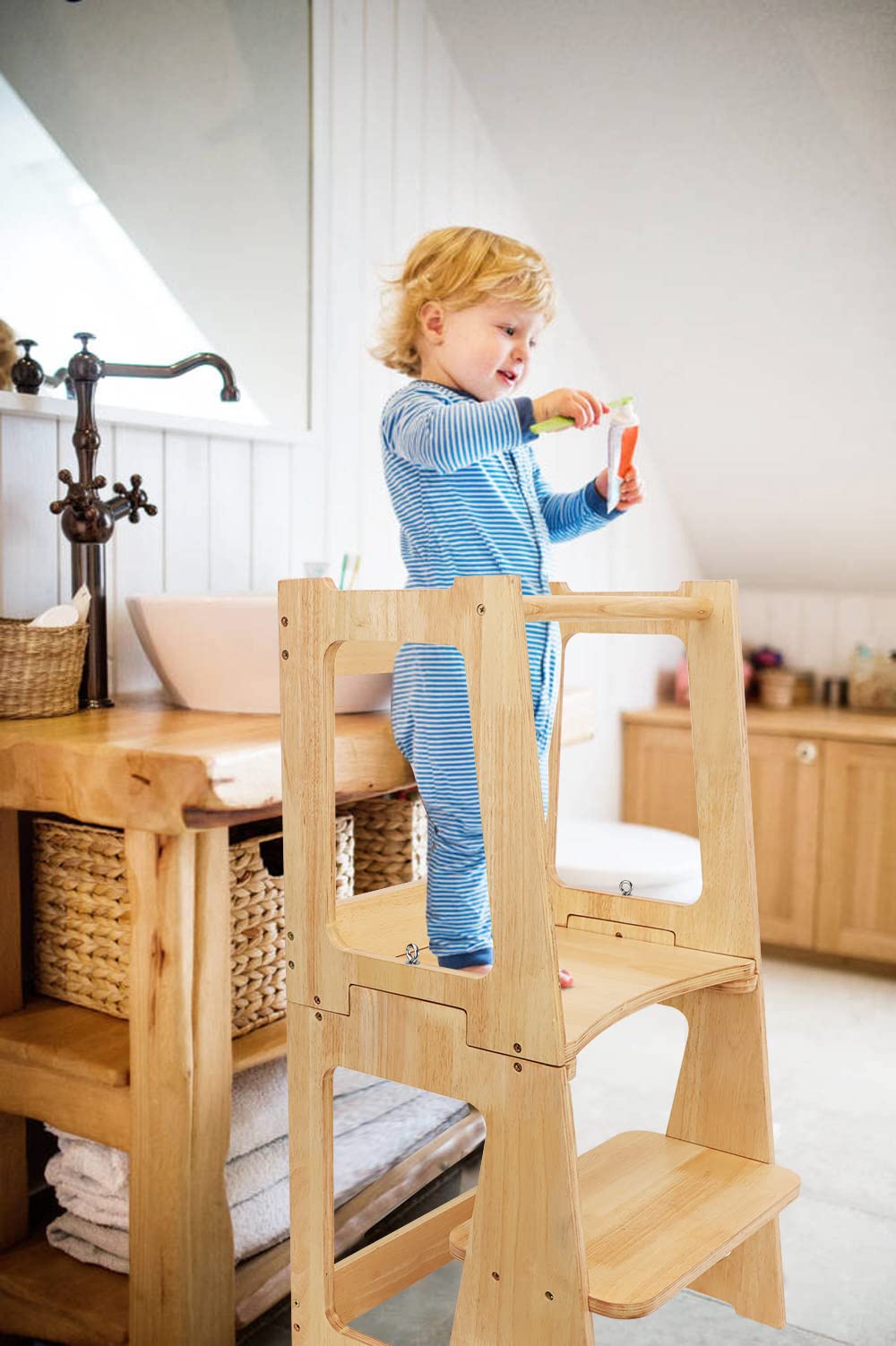 QLFJ-FurDec Kids Kitchen Step Stool with Safety Rail, 2 in 1 Convertible Wooden Toddler Learning Stool Helper Standing Tower for Kitchen Counter, Bathroom, Toilet(Natural)