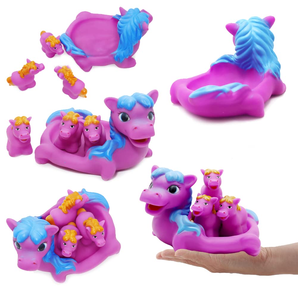 Kids Bath Toys Family Bath Set Horse,8 Pcs New Born Baby Floating Bathtub Toys Animal Rubber Squirting Water Games Pool Pleasure for Preschool Toddler,Unicorn Interactive Bathroom Shower Girls Gift