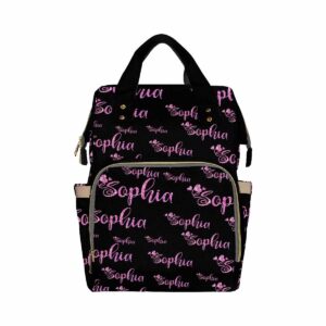 personalized diaper backpack with name, pink sparkle name logo text black custom diaper bag baby nappy bag shoulder bag casual daypack bag for mom dad multifunctional travel