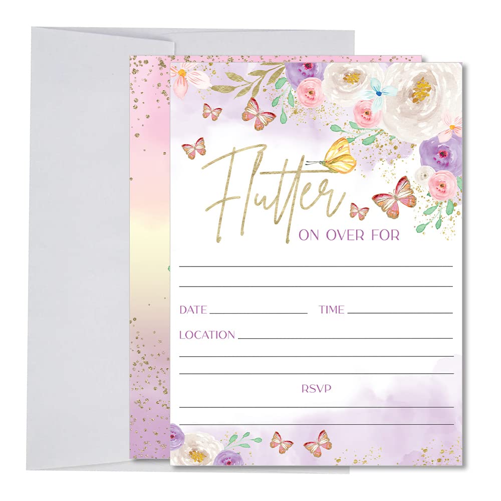 Partiness Butterfly Birthday Invitations for Girl, Purple Floral Butterfly Baby Shower Invitations, It's A Girl Blush Pink, 20 Invites + Envelopes