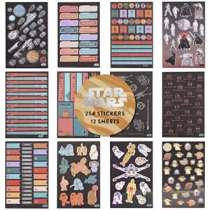 star wars x erin condren classic sticker book - 254 stickers total. 12 mixed metallic sticker sheets. 5" x 7.75". fun and functional star wars designs by erin condren.