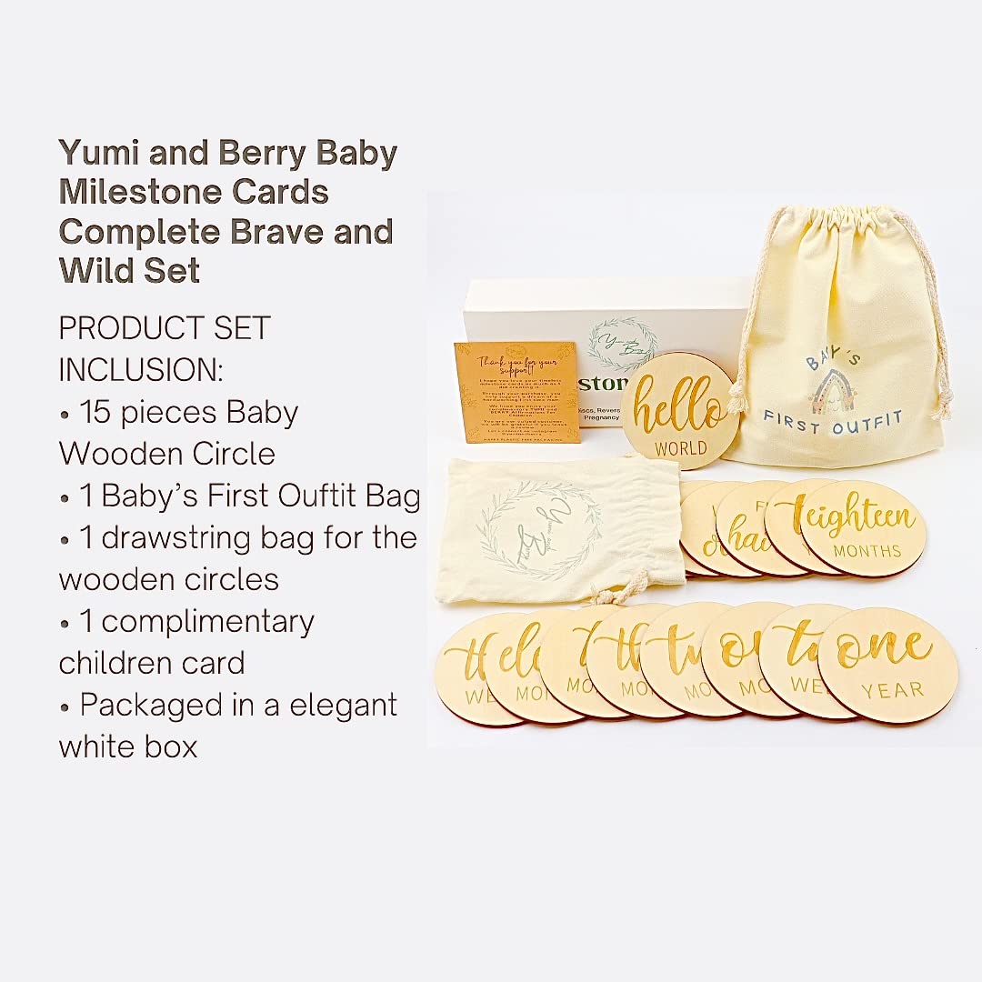 Yumi and Berry Baby Milestone Cards from Newborn to 2 Years Wooden Monthly Discs Comes with Hello World Sign Weekly Wood Dics - Month Signs (Wild Brave 15 Pieces Set) beige