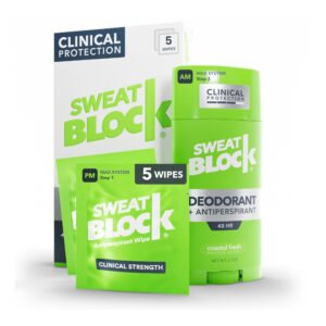 sweatblock antiperspirant deodorant system maximum clinical strength for men & women. hyperhidrosis aid for excessive sweating & underarm odor. 5 driboost wipes + 1 unisex deo stick (2.7oz)