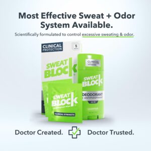 SweatBlock Antiperspirant Deodorant System MAXIMUM CLINICAL STRENGTH for Men & Women. Hyperhidrosis Aid for Excessive Sweating & Underarm Odor. 5 DRIBOOST Wipes + 1 Unisex Deo Stick (2.7oz)