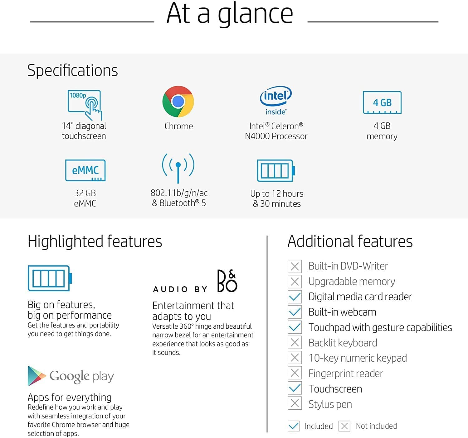 HP Chromebook X360 2-in-1 14.0” HD (1366 x 768) Touch-Screen Portable Laptop, Intel Celeron Processor N4000, 4GB Memory, 32GB eMMC Flash Memory, Webcam, Wi-Fi, Chrome OS, White