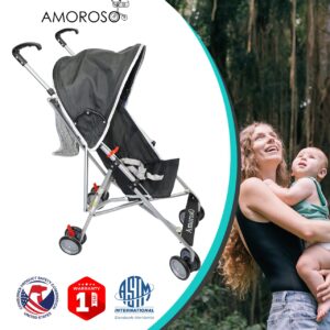 AmorosO Single Umbrella Stroller for Toddler, Travel Stroller for Babies - Sunlight and Light Rain Protection - Baby Stroller with Four EVA Wheels - Travel-Ready Stroller - Round Canopy (Black/White)