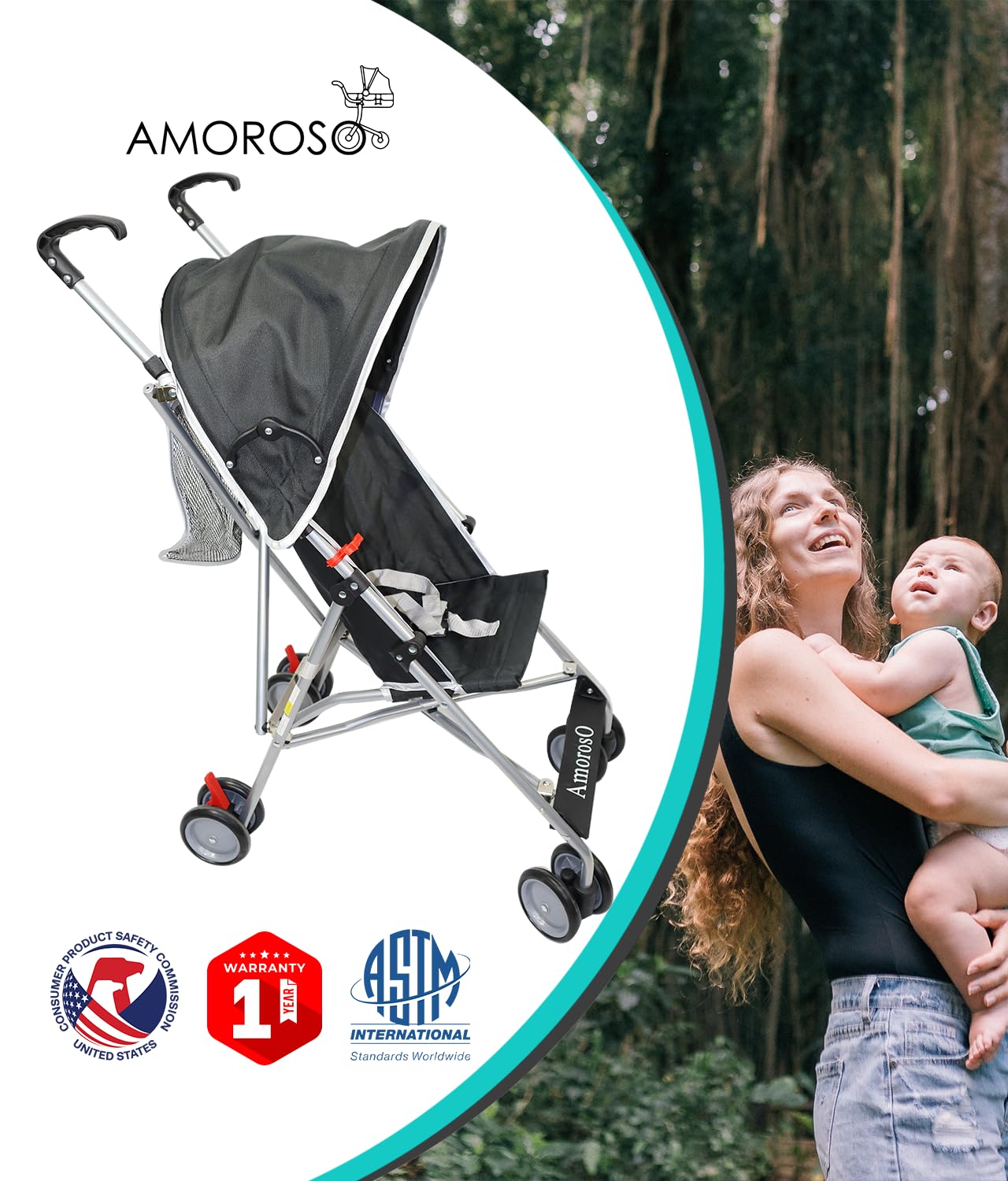 AmorosO Single Umbrella Stroller for Toddler, Travel Stroller for Babies - Sunlight and Light Rain Protection - Baby Stroller with Four EVA Wheels - Travel-Ready Stroller - Round Canopy (Black/White)