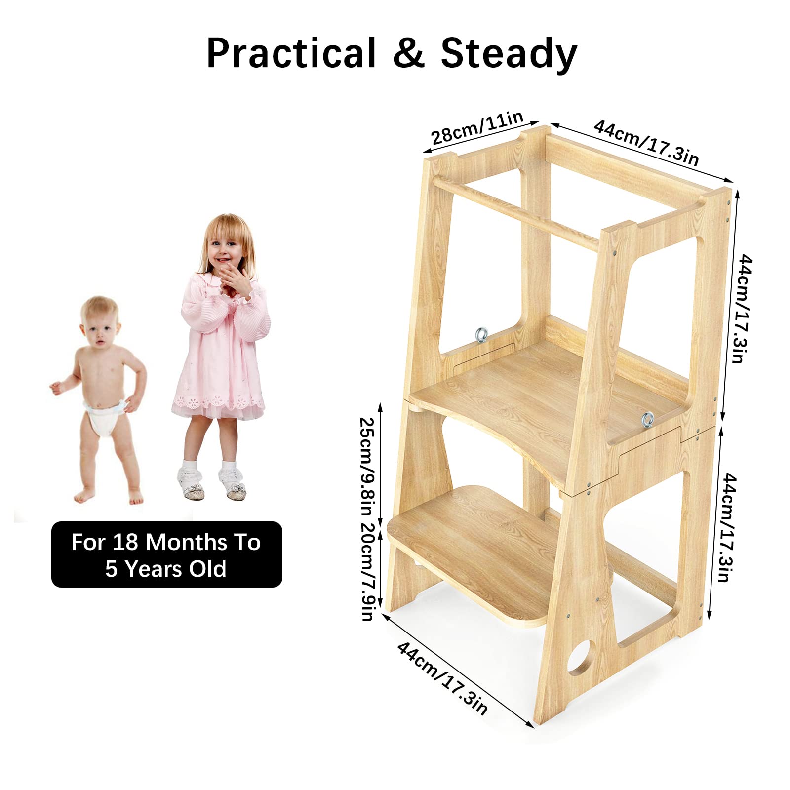 QLFJ-FurDec Kids Kitchen Step Stool with Safety Rail, 2 in 1 Convertible Wooden Toddler Learning Stool Helper Standing Tower for Kitchen Counter, Bathroom, Toilet(Natural)