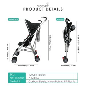 AmorosO Single Umbrella Stroller for Toddler, Travel Stroller for Babies - Sunlight and Light Rain Protection - Baby Stroller with Four EVA Wheels - Travel-Ready Stroller - Round Canopy (Black/White)