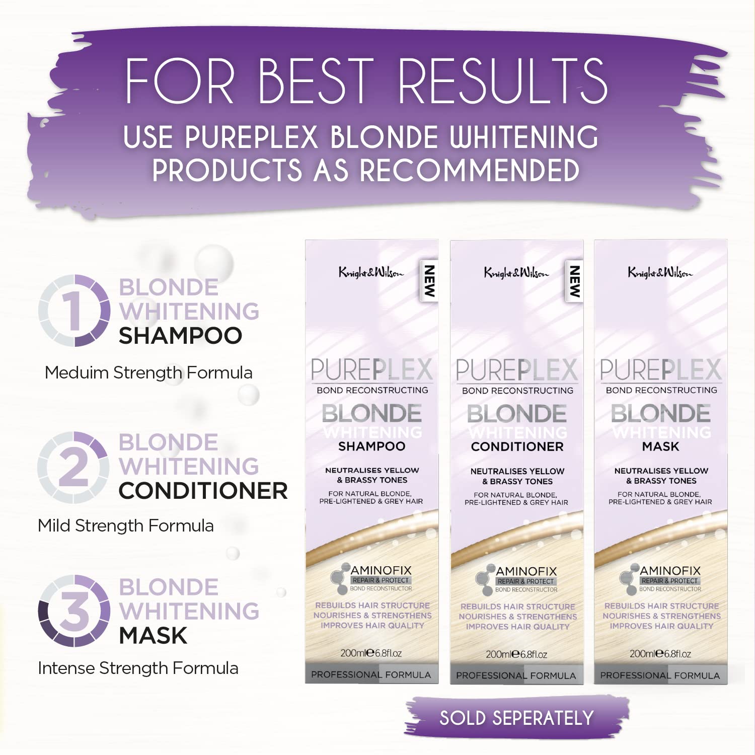 Knight & Wilson PurePlex Bond Reconstructing Blonde Shampoo. Neutralizes Brassy & Yellow Tones in All Blonde, Lightened and Grey Hair Whilst Repairing and Leaving Crisp White Blonde.