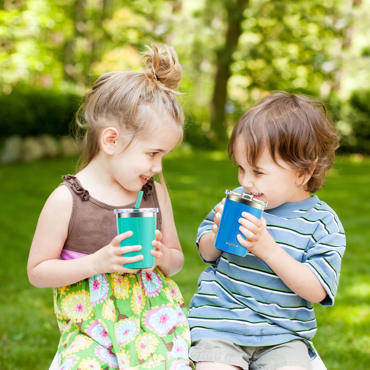 Signice Kids Cups with Straw Lid Upgraded Leak Proof 8.5 Oz Toddler Smoothie Cup Vacuum Insulated Stainless Steel Toddlers Cups Baby Child Tumbler,BPA Free,2 Pack (Aqua & Blue)