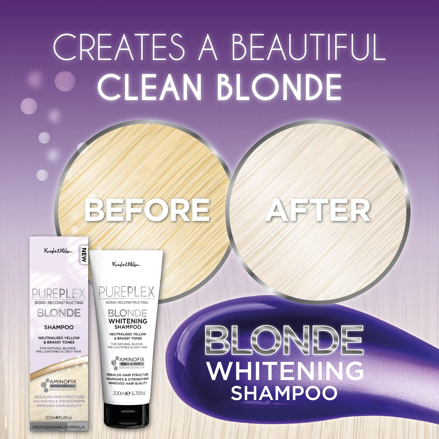 Knight & Wilson PurePlex Bond Reconstructing Blonde Shampoo. Neutralizes Brassy & Yellow Tones in All Blonde, Lightened and Grey Hair Whilst Repairing and Leaving Crisp White Blonde.