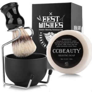 ccbeauty mens shaving brush and bowl set, 4 in 1 bristle shave brushes kit with stainless steel shaving bowl & soap mug, safety razor stand, birthday dad gifts set for men, white soap 3.5oz