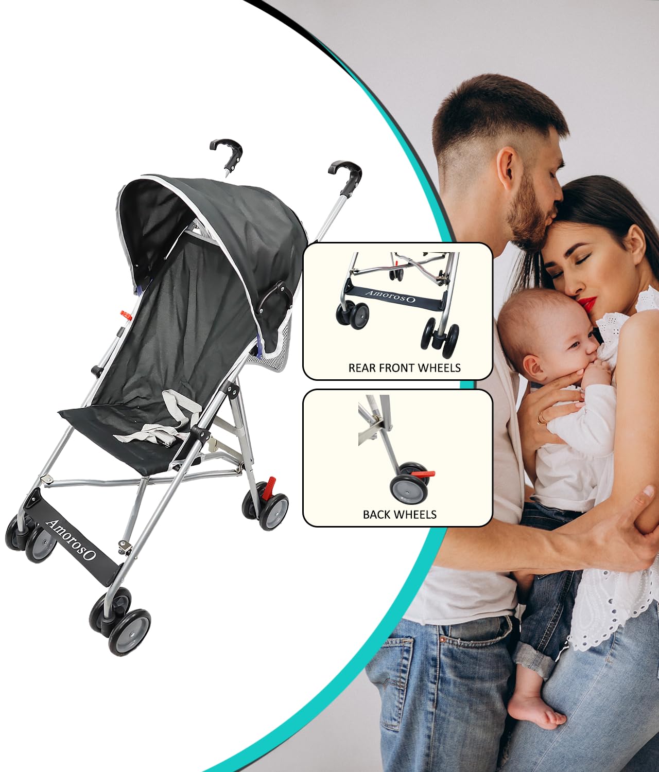 AmorosO Single Umbrella Stroller for Toddler, Travel Stroller for Babies - Sunlight and Light Rain Protection - Baby Stroller with Four EVA Wheels - Travel-Ready Stroller - Round Canopy (Black/White)