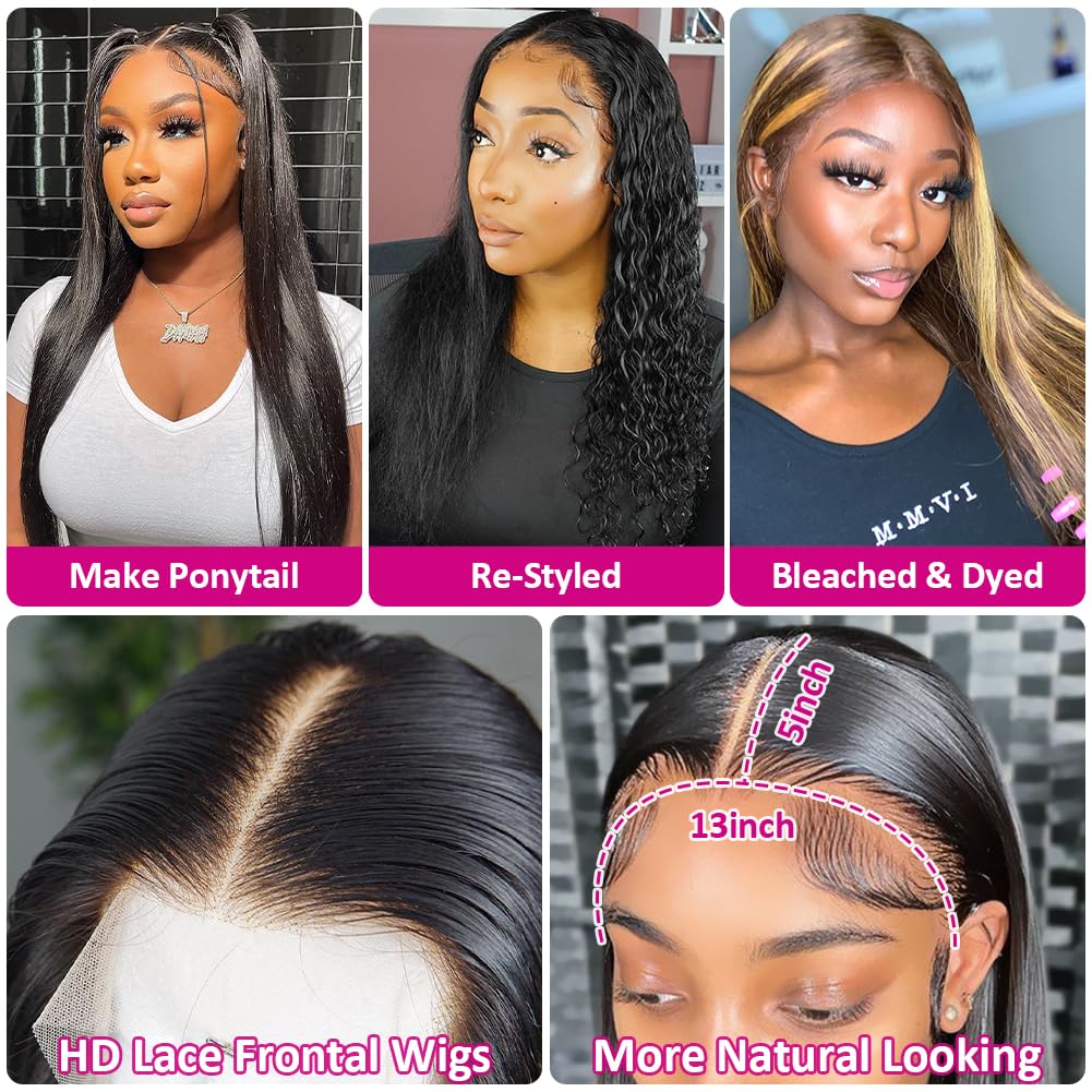 Iris Queen 13x4 HD Straight Lace Front Wigs Human Hair Pre Plucked 12A 180 Density Transparent Lace Frontal Human Hair Wigs for Black Women with Baby Hair Natural Black Color (20 inch)