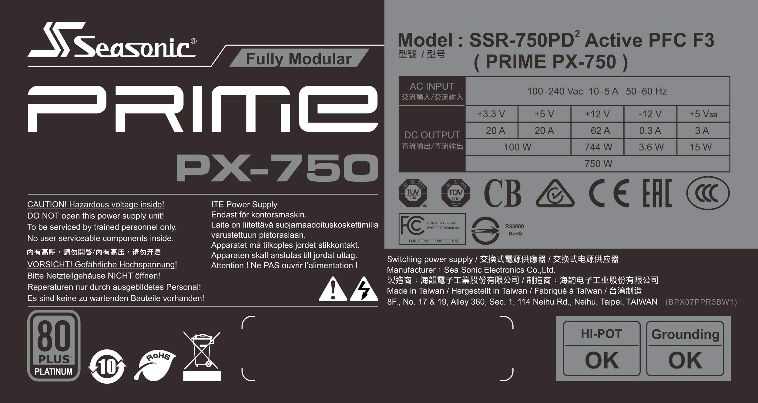 Seasonic PRIME PX-750 | 750W | 80+ Platinum | ATX Form Factor | Full Modular | Low Noise | Premium Japanese Capacitor | 12 Year Warranty | Nvidia RTX 30/40 Super & AMD GPU Compatible (Ref. SSR-750PD2)