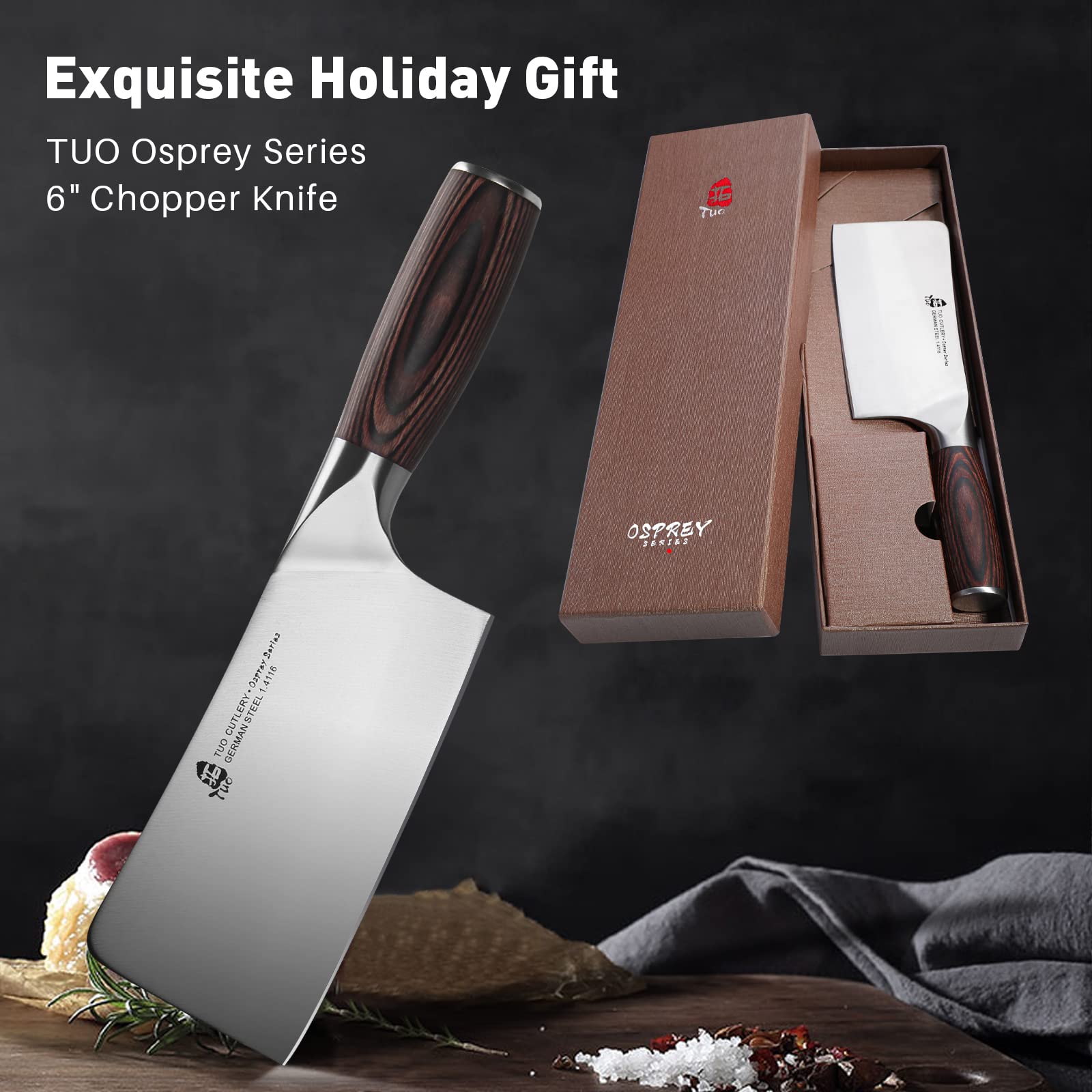 TUO Pro Chef Knife 6 inch & Chopper Knife 6 inch & Boning Knife 6 inch - German HC Stainless Steel - Ergonomic Pakkawood Handle - Osprey Series with Gift Box