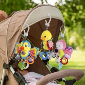 funsland 3 pack stroller toys - car seat toys for infants with teether hanging toys - butterfly + birdie + duck