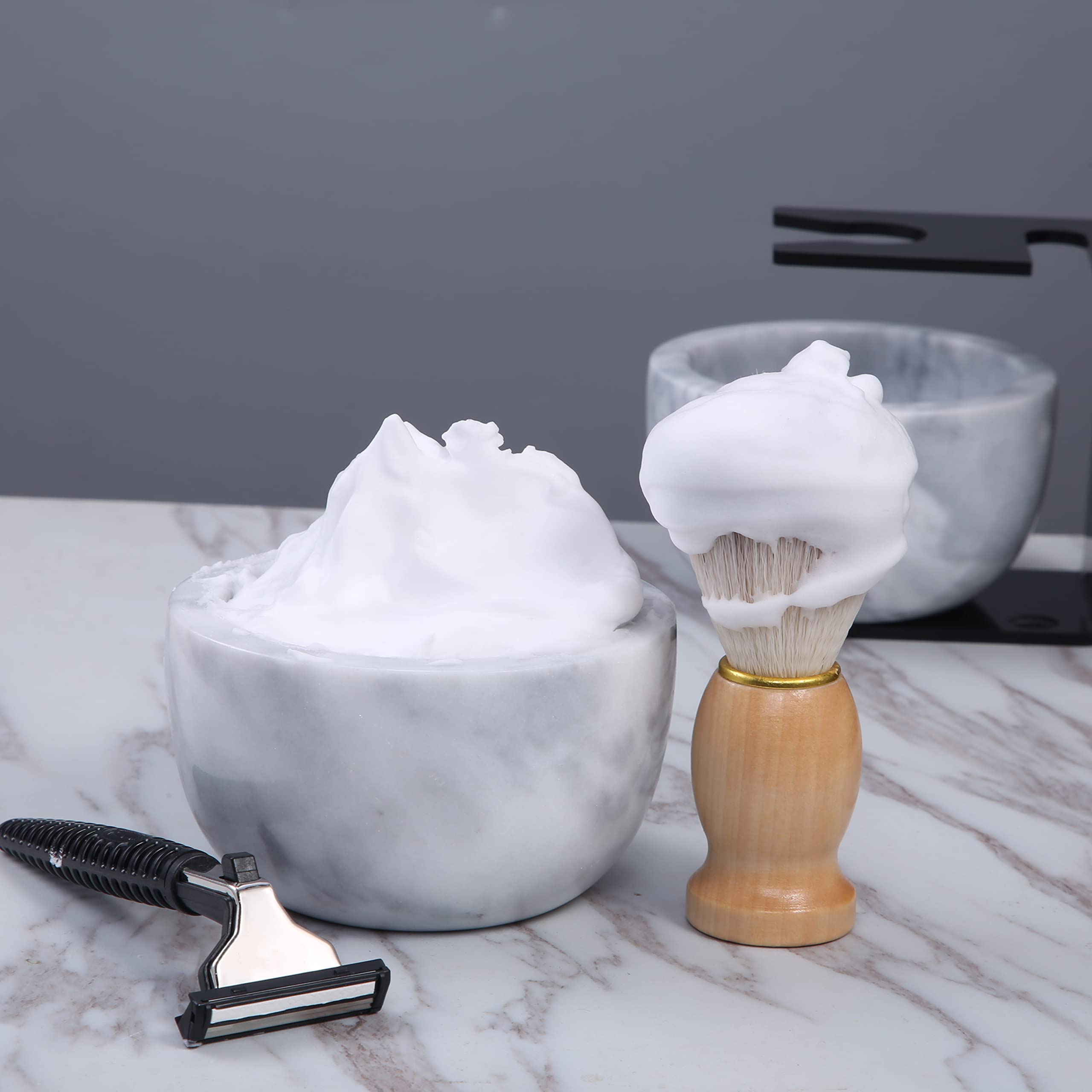 aisiming Marble Shaving Bowl for Shaving Soap & Cream, Shave Soap Cup Keep Warm Better, Produce Rich Foam Shaving Mug, Easy to Lather, Shaving Cup Gift for Men(White Grey)