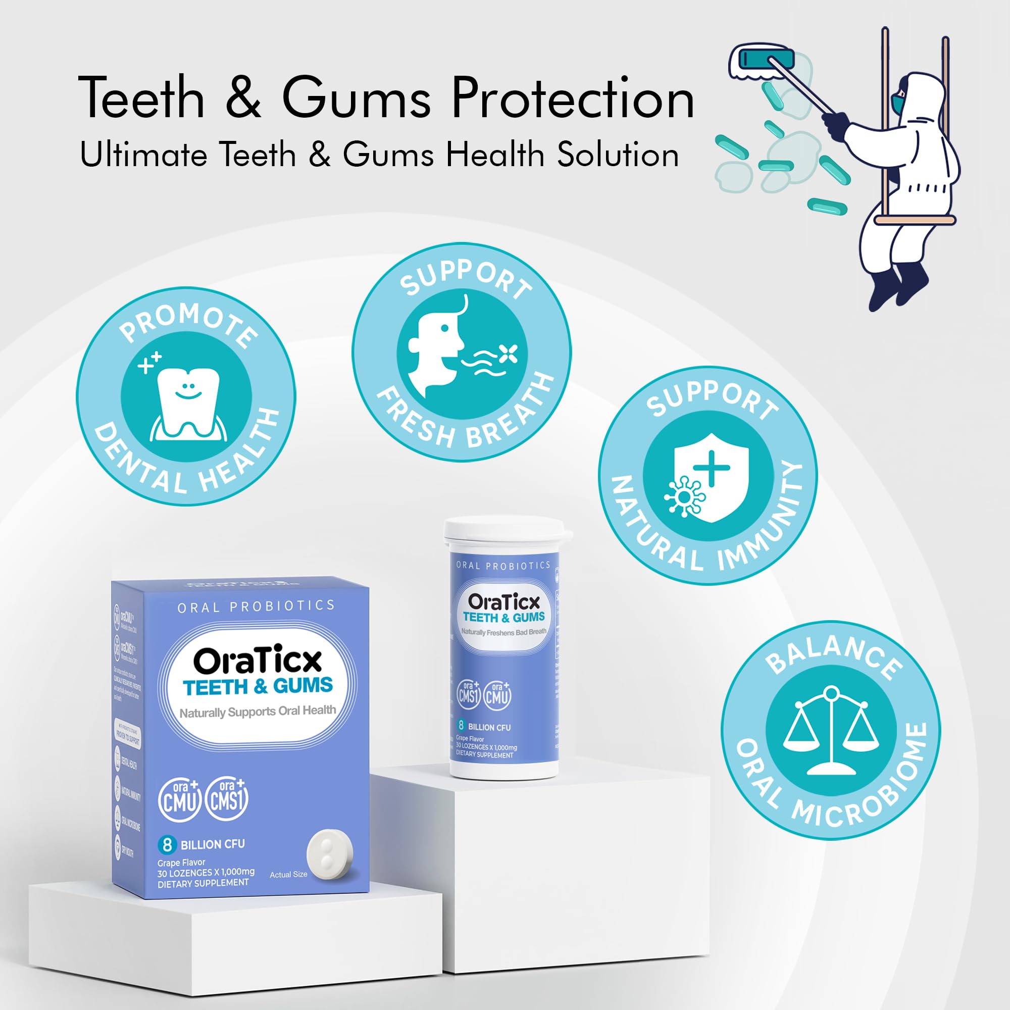 OraTicx Teeth & Gums Dental Probiotic, Naturally Supports Oral Health and Immunity, Oral Probiotics Supplement 8 Billion CFU, Grape Flavor 30 Lozenges 1-PK