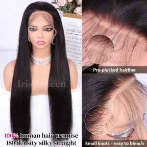 Iris Queen 13x4 HD Straight Lace Front Wigs Human Hair Pre Plucked 12A 180 Density Transparent Lace Frontal Human Hair Wigs for Black Women with Baby Hair Natural Black Color (20 inch)