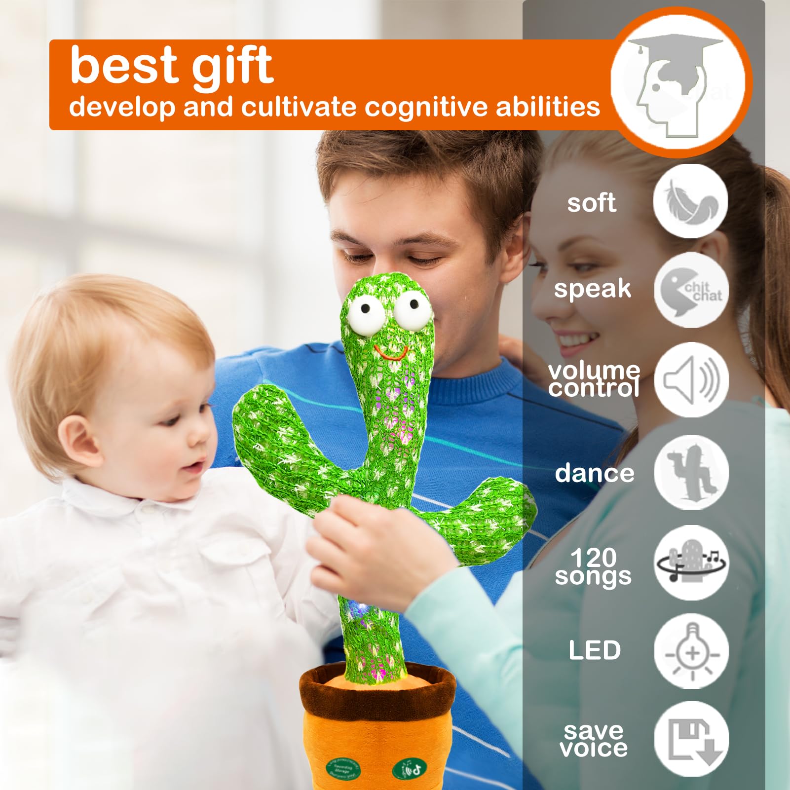 Hunfur Dancing Cactus Toy,Talking/Sing/Repeat/Dancing/Recording/Rainbow LED with Gift Package(120 Songs in English) (Dancing Cactus-Gift Yarn Bag Wrap-No Battery, Cotton)