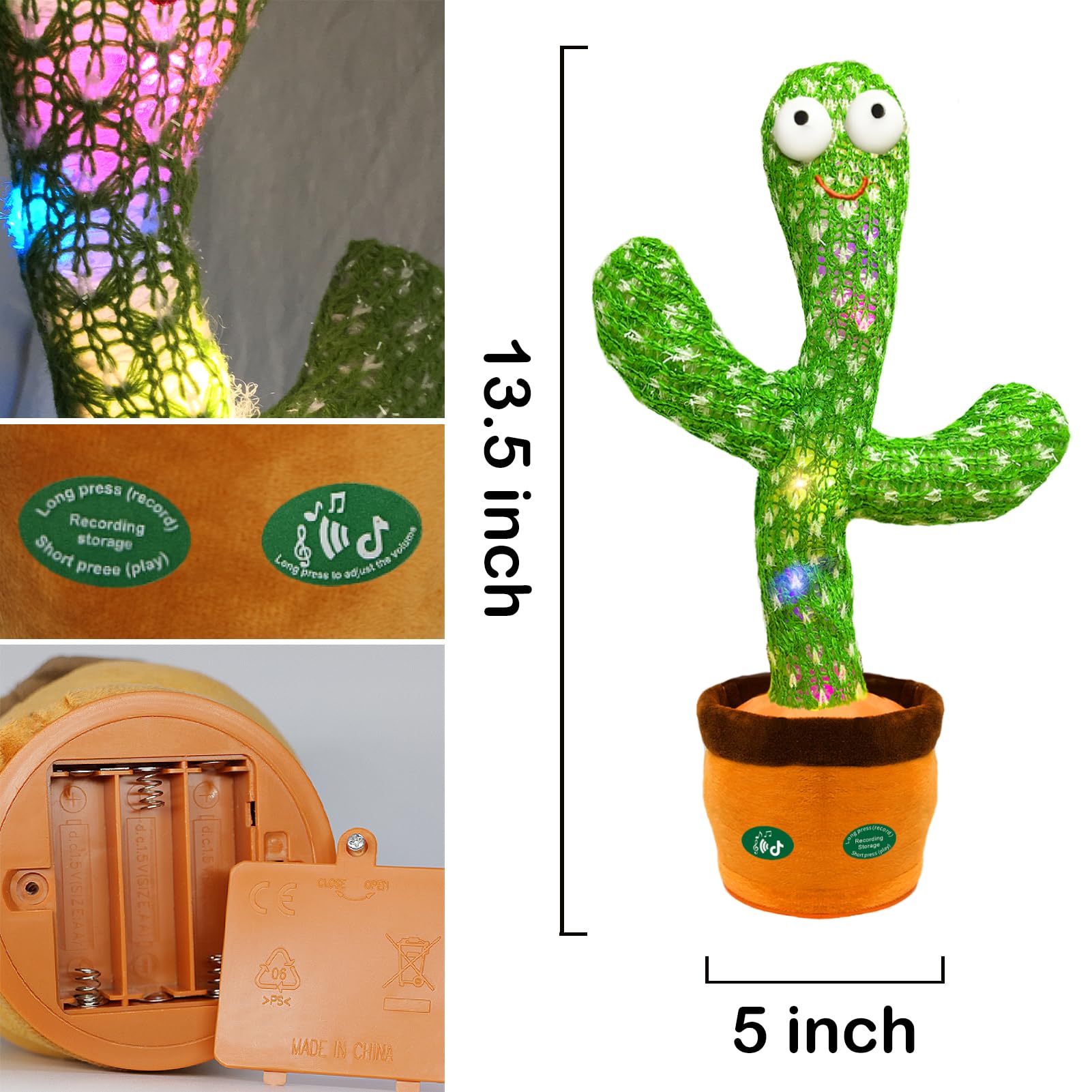 Hunfur Dancing Cactus Toy,Talking/Sing/Repeat/Dancing/Recording/Rainbow LED with Gift Package(120 Songs in English) (Dancing Cactus-Gift Yarn Bag Wrap-No Battery, Cotton)