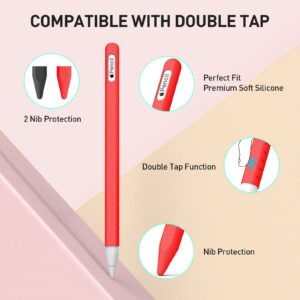 Case for Apple Pencil 2nd Generation: 2 Pack Protective Silicone Cover + 4 Nibs Cover for iPad Pro 11 12.9 Inch, Soft Sleeve Compatible with Magnetic Charging and Double Tap- Black,Red