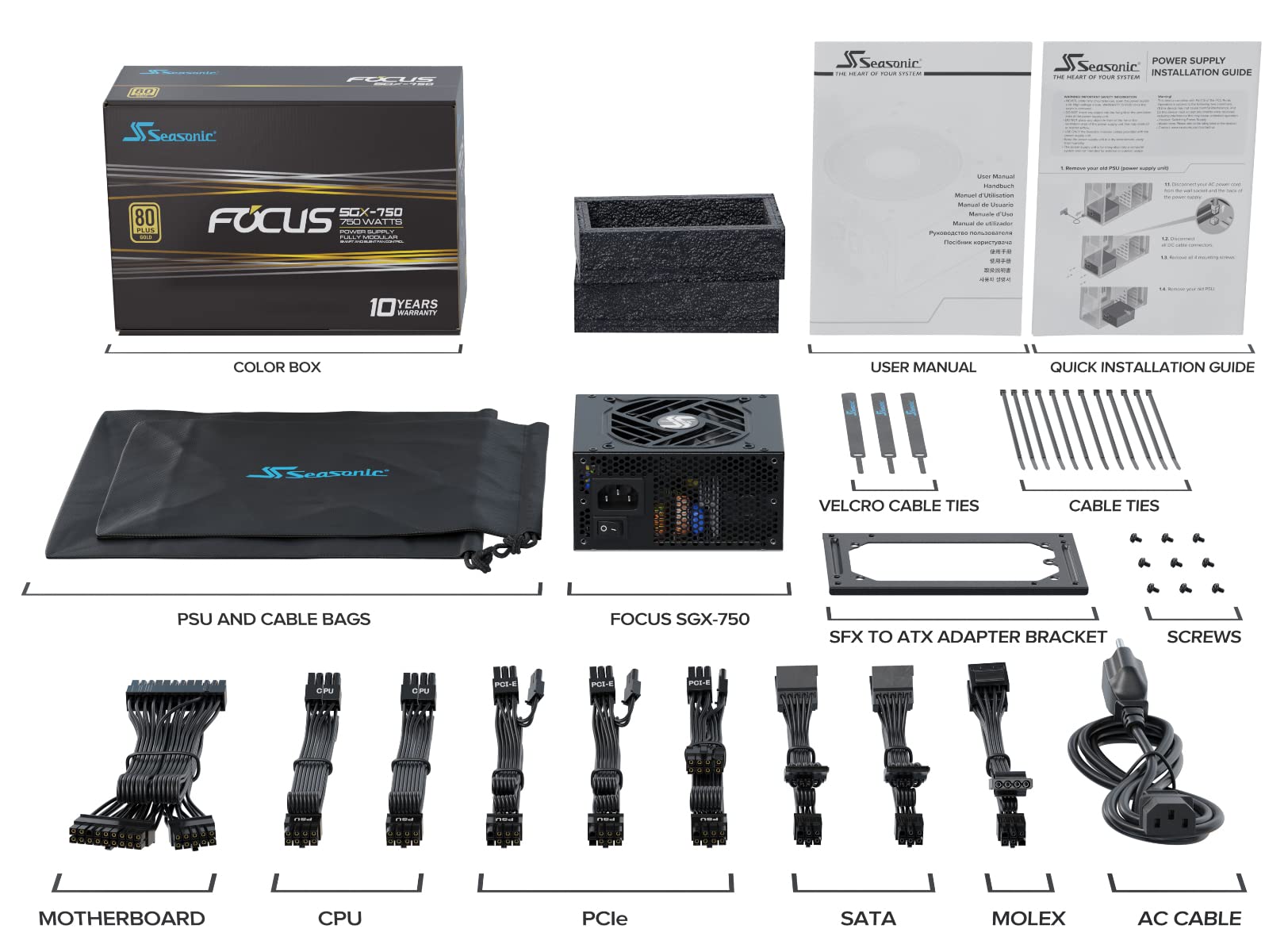 Seasonic Focus SGX-750 | 750W | 80+ Gold | Full-Modular | SFX Form Factor| Low Noise | Premium Japanese Capacitor | 10 Year Warranty | Nvidia RTX 30/40 Super & AMD GPU Compatible (Ref. SSR-750SGX)