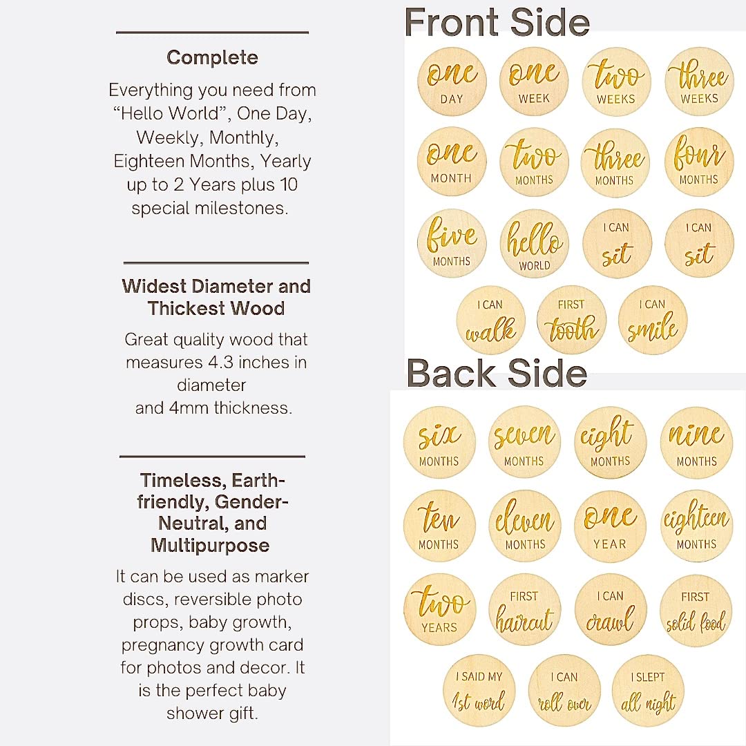 Yumi and Berry Baby Milestone Cards from Newborn to 2 Years Wooden Monthly Discs Comes with Hello World Sign Weekly Wood Dics - Month Signs (Wild Brave 15 Pieces Set) beige