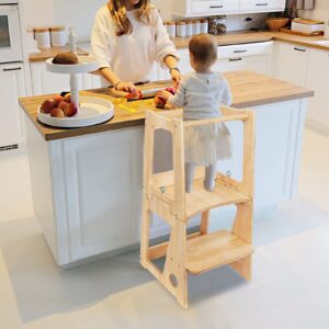 QLFJ-FurDec Kids Kitchen Step Stool with Safety Rail, 2 in 1 Convertible Wooden Toddler Learning Stool Helper Standing Tower for Kitchen Counter, Bathroom, Toilet(Natural)