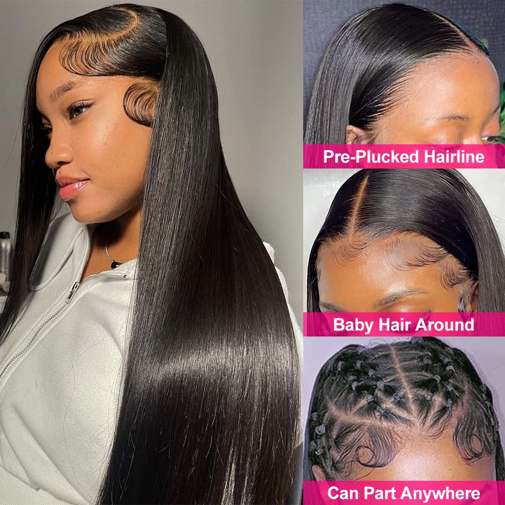 Iris Queen 13x4 HD Straight Lace Front Wigs Human Hair Pre Plucked 12A 180 Density Transparent Lace Frontal Human Hair Wigs for Black Women with Baby Hair Natural Black Color (20 inch)