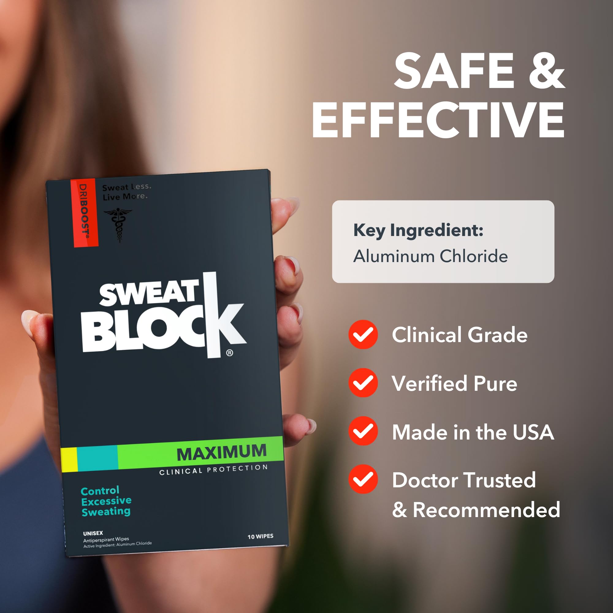 SweatBlock Antiperspirant Deodorant MAXIMUM CLINICAL STRENGTH System for Men & Women - Hyperhidrosis Aid for Excessive Sweating & Underarm Odor - 10 DRIBOOST Wipes + 1 Unisex Deodorant Stick (2.7oz)