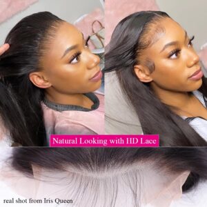 Iris Queen 13x4 HD Straight Lace Front Wigs Human Hair Pre Plucked 12A 180 Density Transparent Lace Frontal Human Hair Wigs for Black Women with Baby Hair Natural Black Color (20 inch)