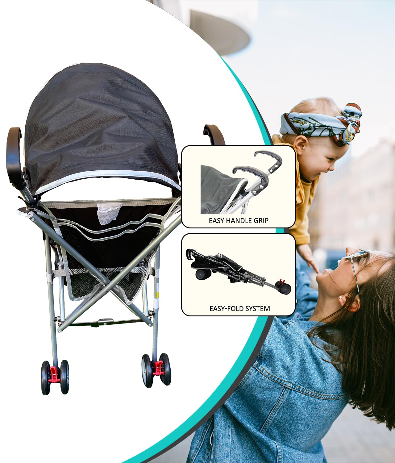 AmorosO Single Umbrella Stroller for Toddler, Travel Stroller for Babies - Sunlight and Light Rain Protection - Baby Stroller with Four EVA Wheels - Travel-Ready Stroller - Round Canopy (Black/White)