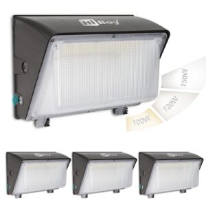 hibay dusk to dawn led wall pack lights, 20010lm 150w eqv. 400-600w hps/hid, outdoor commercial security flood light, ip65 photocell lighting fixtures for garage warehouse -4 pack