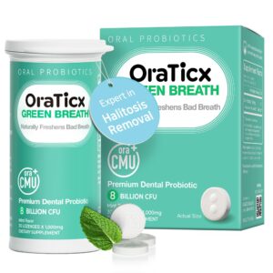 oraticx green breath oral care probiotics, naturally support freshens bad breath & healthy mouth, dental probiotic supplement 8 billion cfu, mint flavor 30 lozenges 1-pk