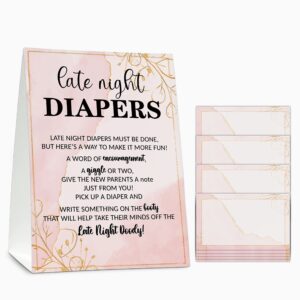 late night diapers sign, watercolor pink note cards diaper thoughts, late night diaper baby shower game set(1 standing sign + 20 blank greeting cards), gold foil baby shower party favor decor - a02