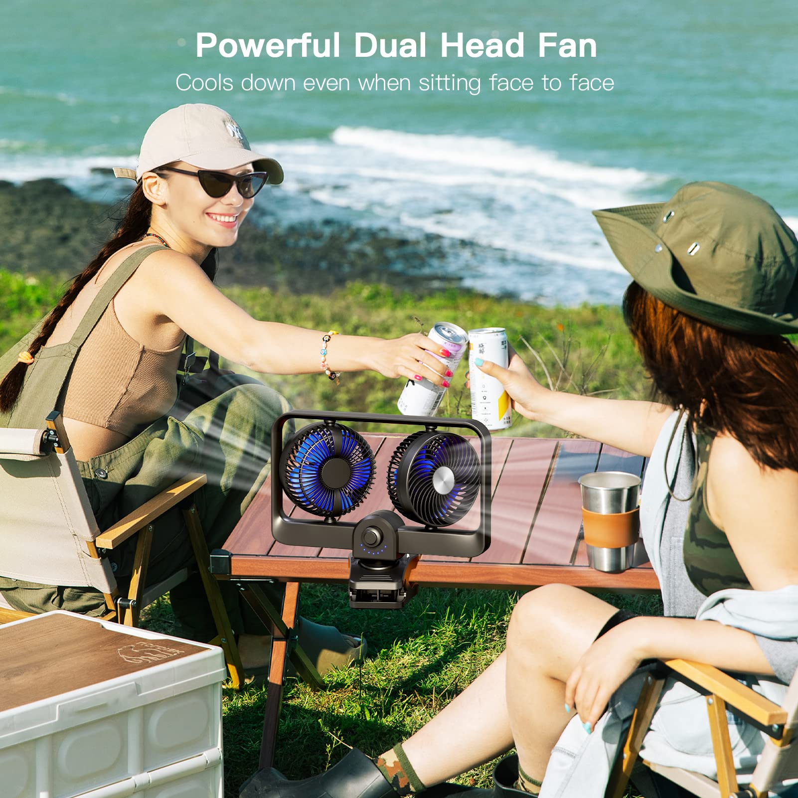 Koonie 10000mah Battery Operated Dual Head Fan, Clip on Fan with 7 speed, 360° Rotation, Cordless Rechargeable fan for Camping Travel Outdoor Indoor Office