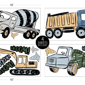 Sweet Jojo Designs Construction Truck Large Peel and Stick Wall Decal Stickers Art Nursery Decor - Set of 4 Sheets - Grey Yellow Black Blue and Green Transportation Zone Vehicles