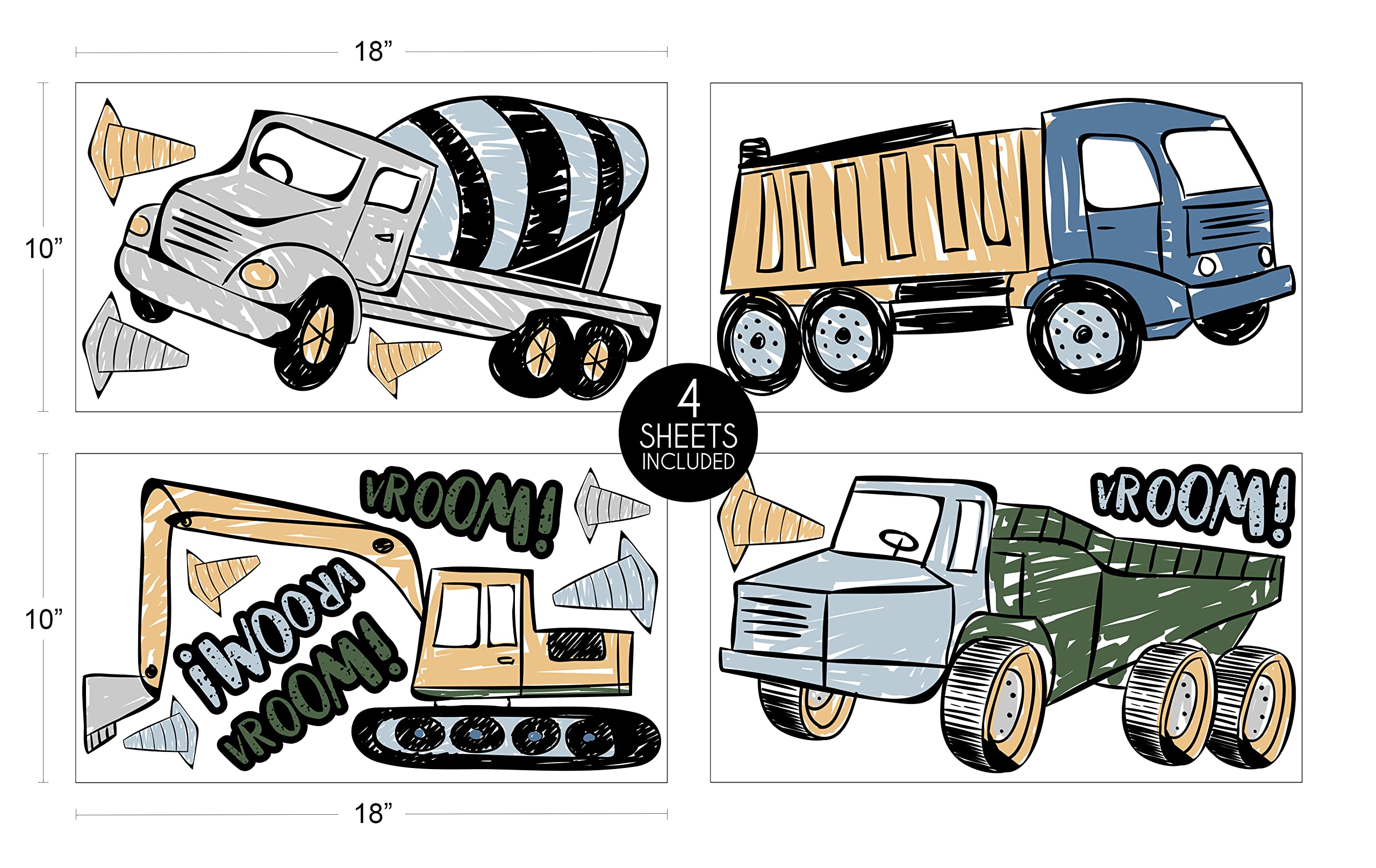 Sweet Jojo Designs Construction Truck Large Peel and Stick Wall Decal Stickers Art Nursery Decor - Set of 4 Sheets - Grey Yellow Black Blue and Green Transportation Zone Vehicles